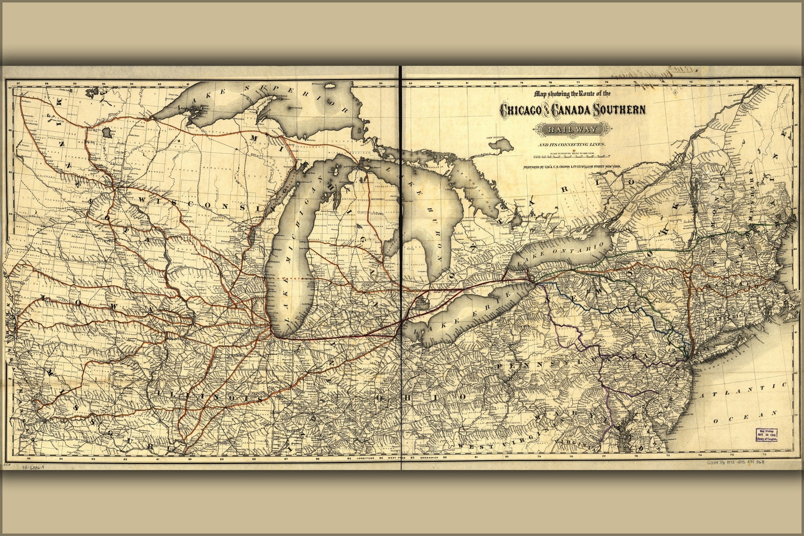24"x36" Gallery Poster, 1872 Railroad Map of the Chicago and Canada ...