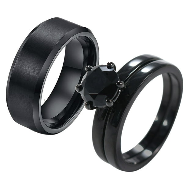 Black Matching Rings His and Hers Ring Couple Rings Wedding Ring Set ...