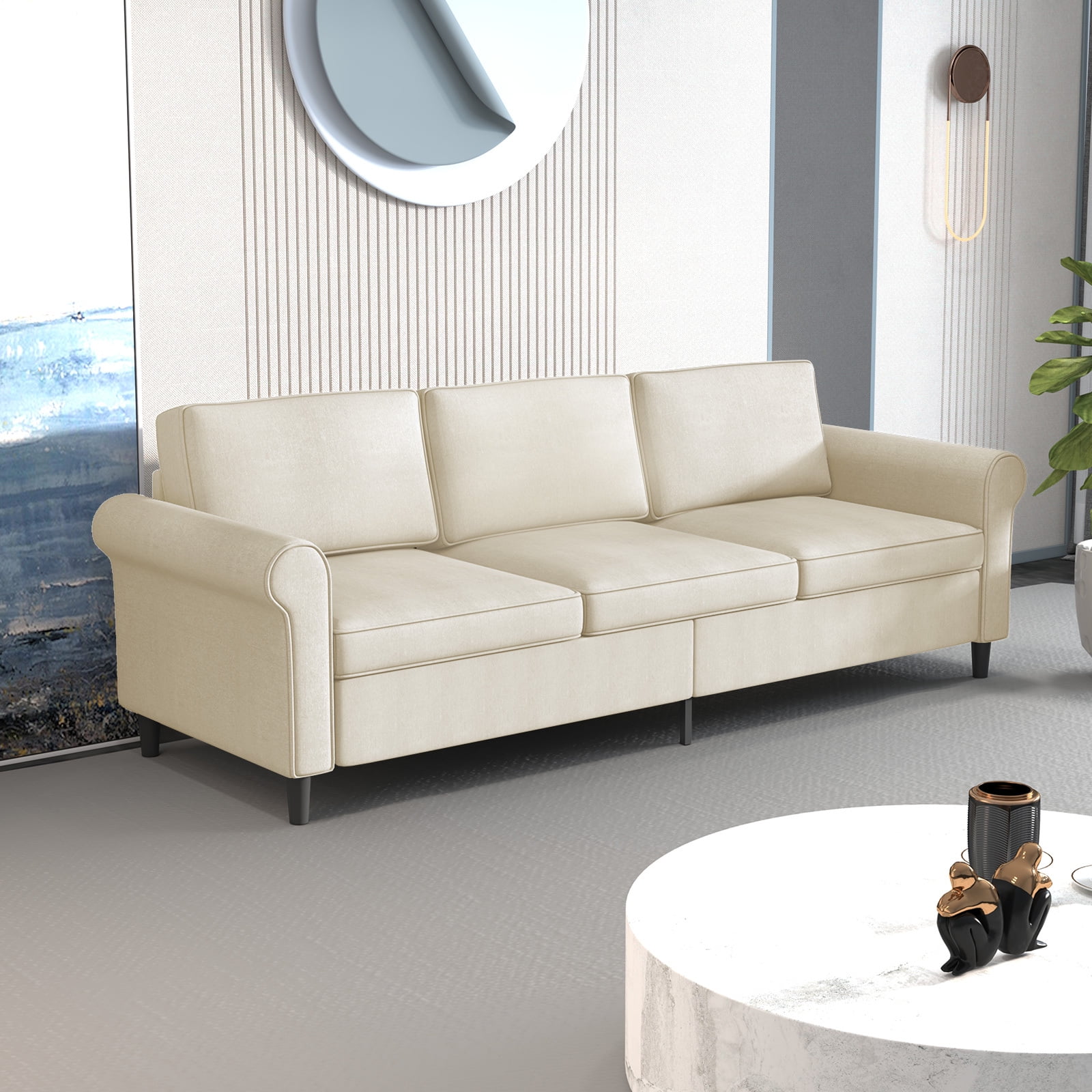 Mjkone Modern Linen 3-Seater Sofa with 5.9" Upholstered Cushion for ...