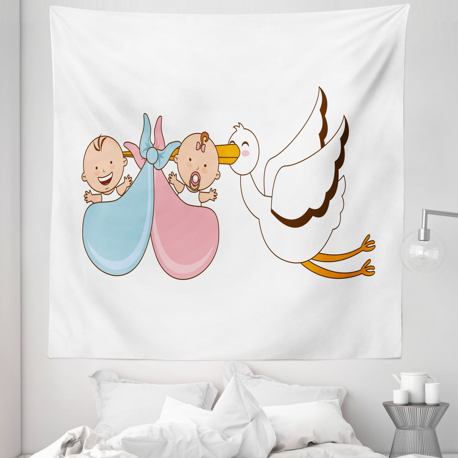 Colorful Tapestry, with Stork Mythical Congratulation Playroom Shower ...