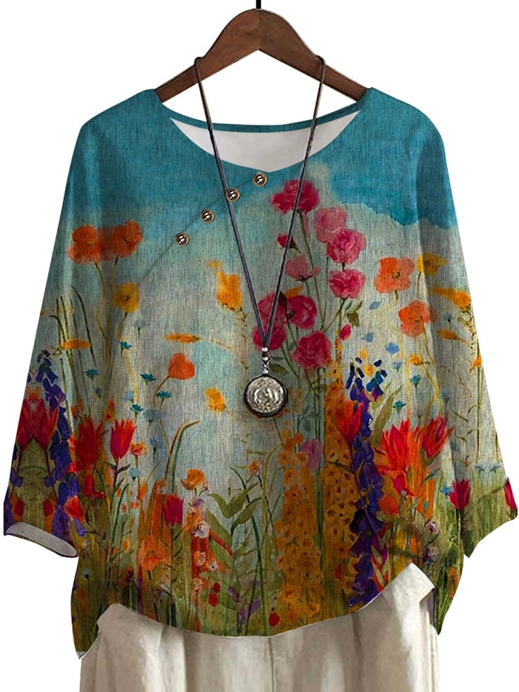 CLOOCL Plus Size T-shirt Women Blouse Vintage Flowers 3D Print Button ...