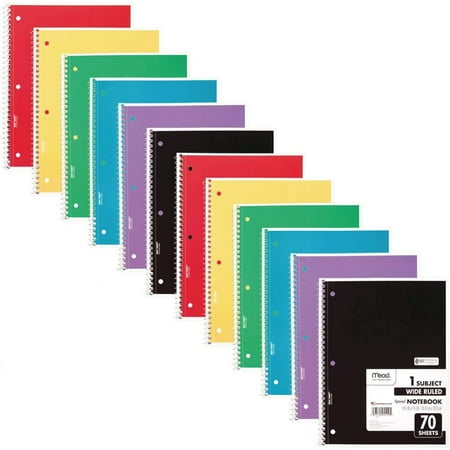 Spiral Notebooks, Wide Ruled, 70 Sheets, Assorted Colors, 12 Pack ...