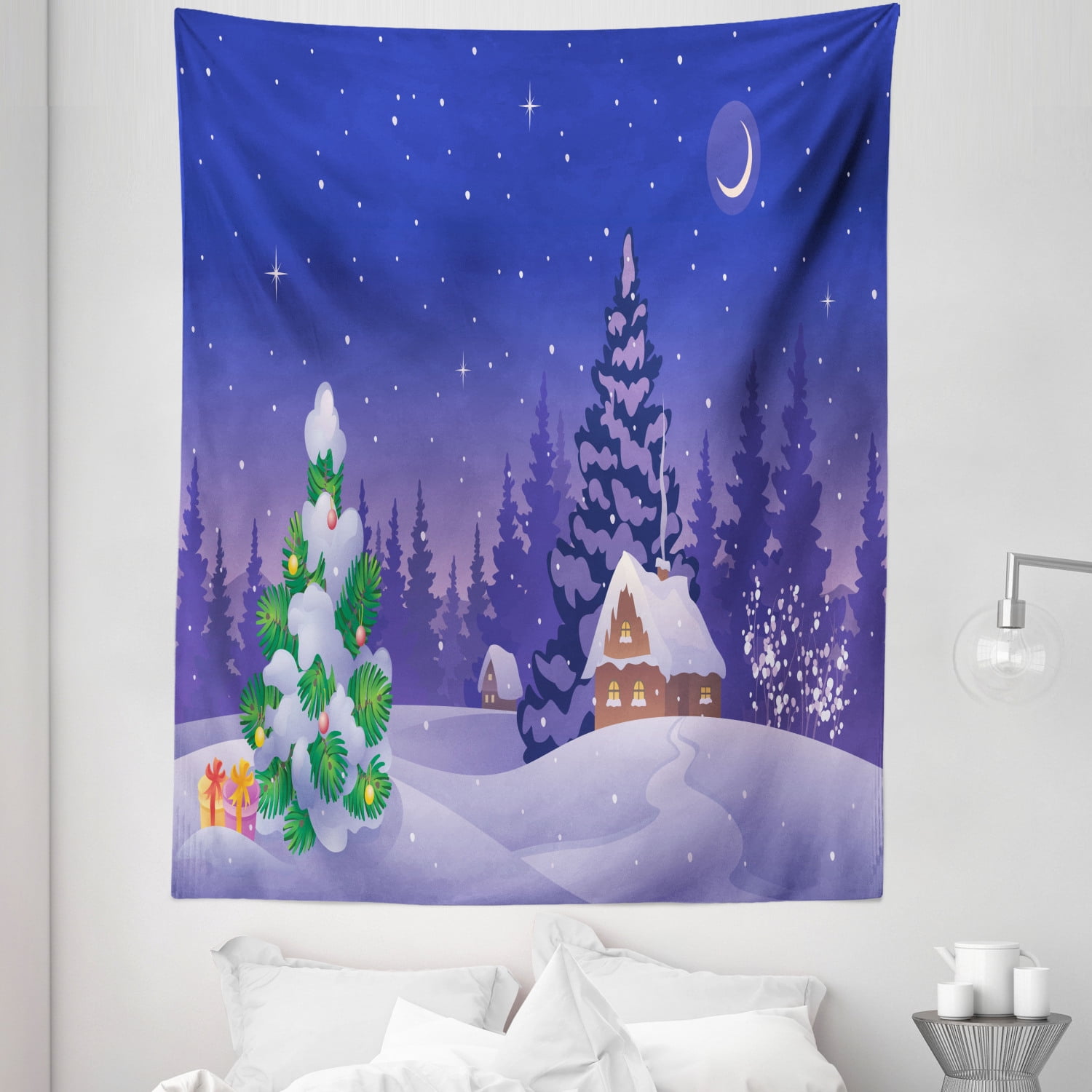 Log Cabin Tapestry, Winter Theme Image of a Rustic Cabin and Firs ...