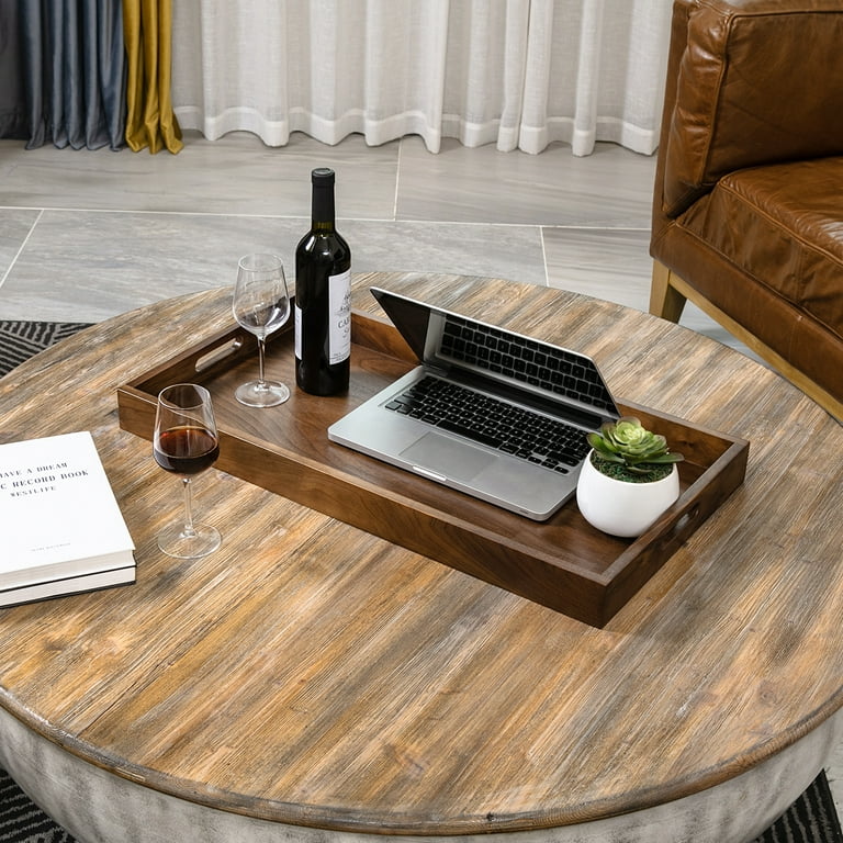 KINGCRAFT 28 x 15 inches Extra Large Wood Trays For Ottoman With Handles FSC Natural Handmade Black Walnut Serving Tray Vintage Decorative Platters