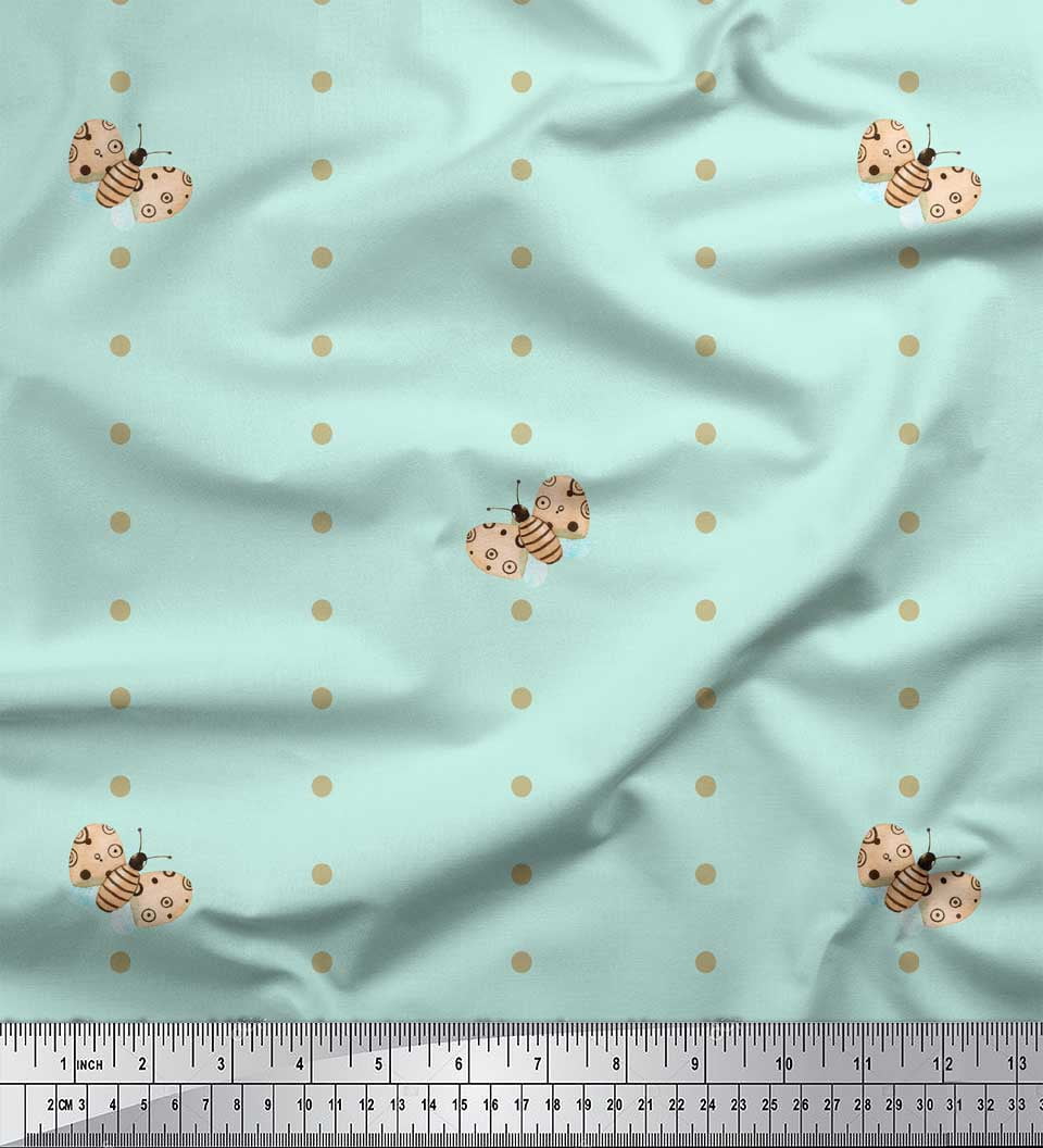 Soimoi Green Japan Crepe Satin Fabric Dot & Honey Bee Insect Print ...