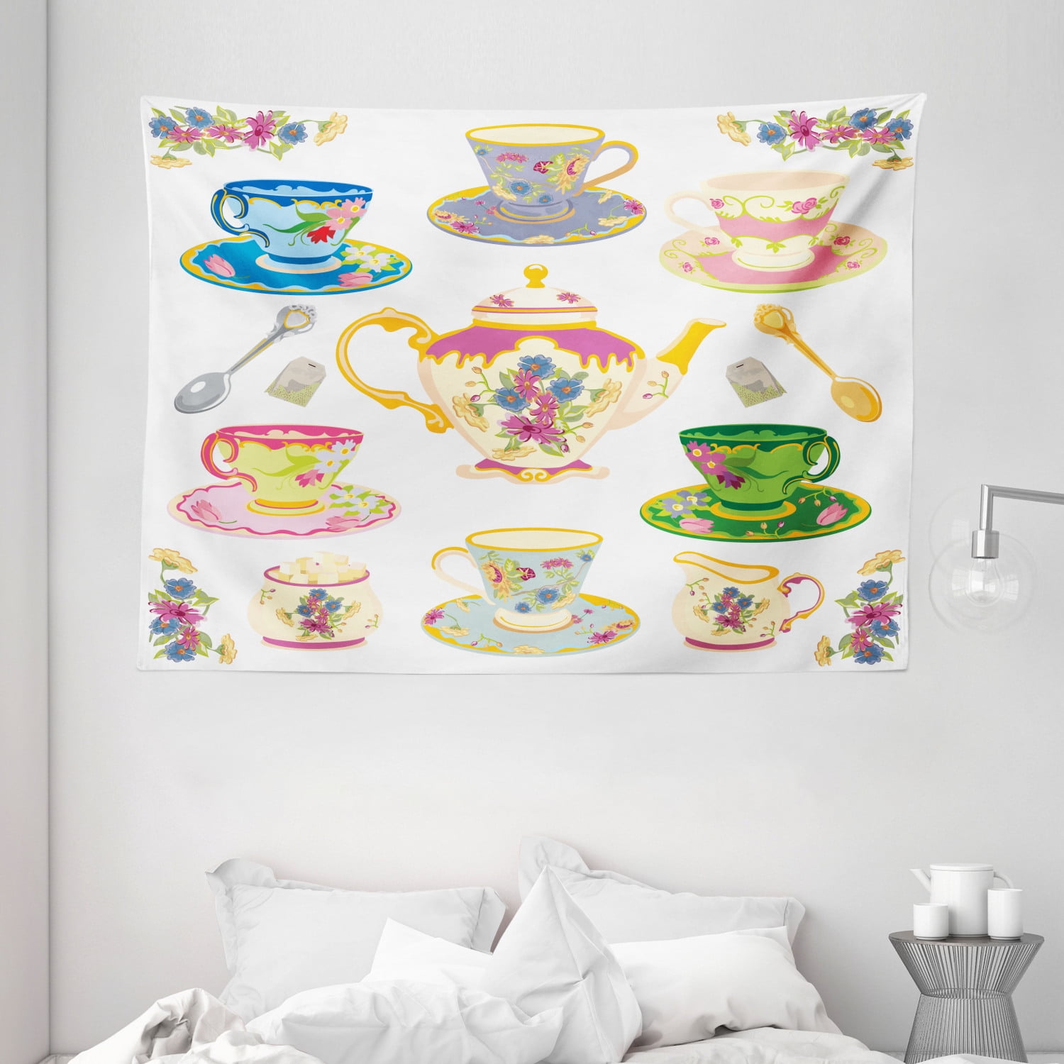 Tea Party Tapestry, Selection of Vivid Colored Teacups Pot Sugar and ...