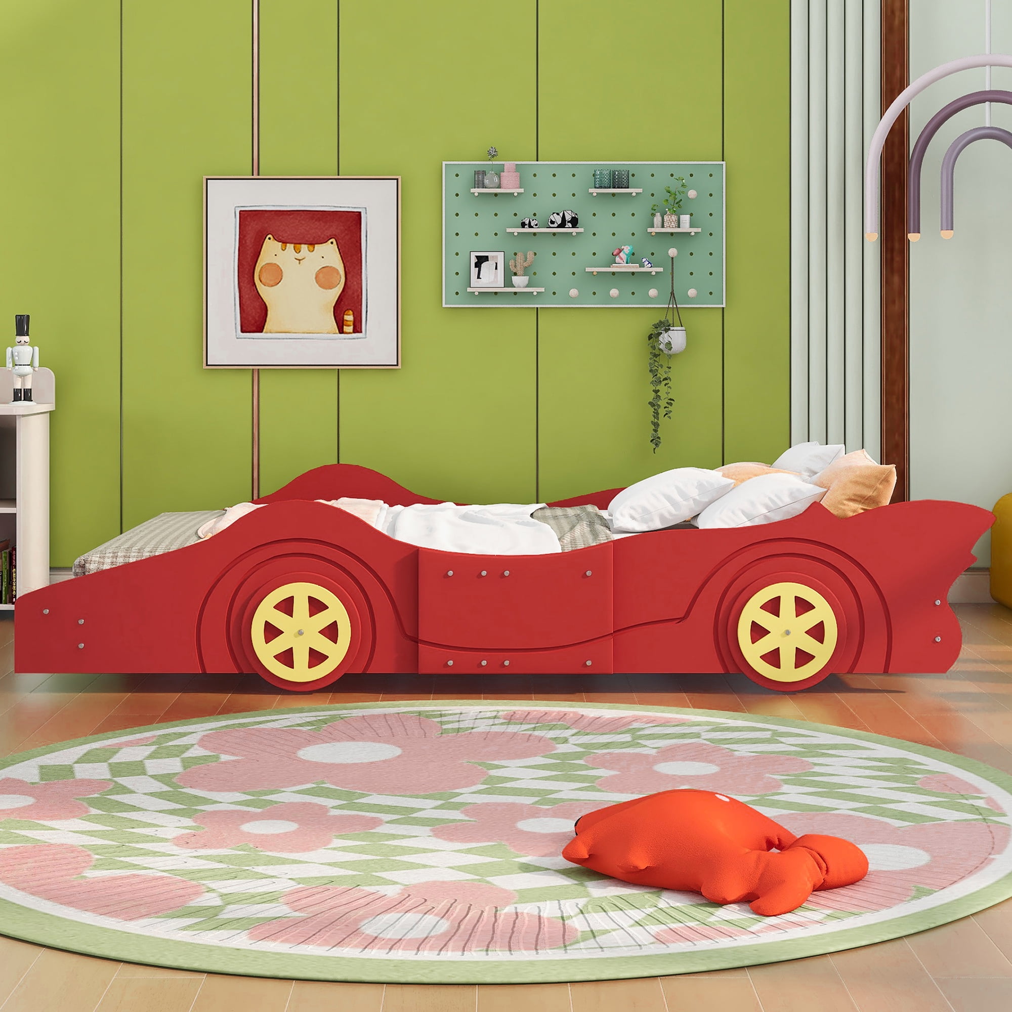 HSUNNS Full Size Kids Race Car-Shaped Platform Bed with Wheels, Wooden ...