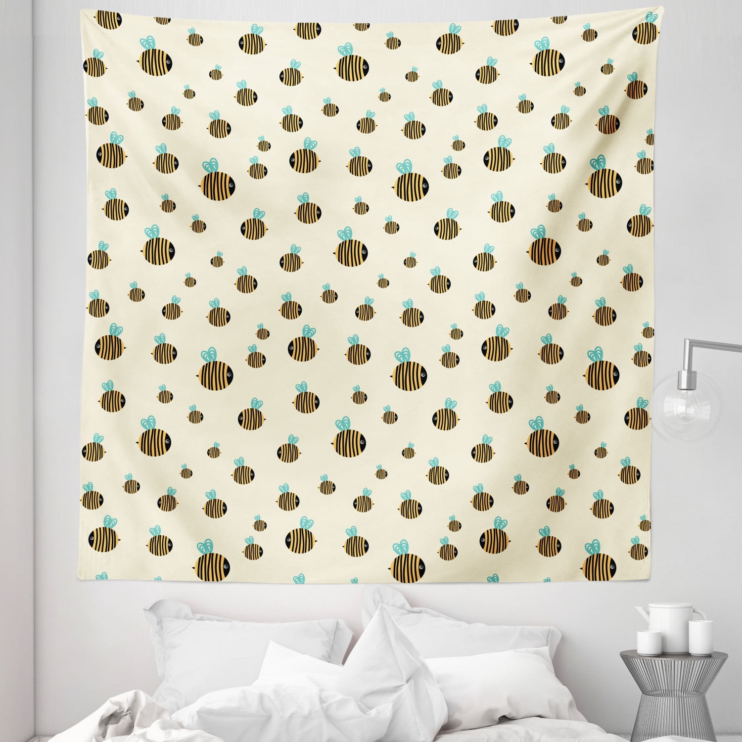 Bee Tapestry, Flying Fat Bumble Bees Theme on Plain Background with ...