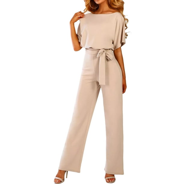 Ukap Women Short Sleeve Wide Leg Jumpsuit Ladies Casual Drawstring
