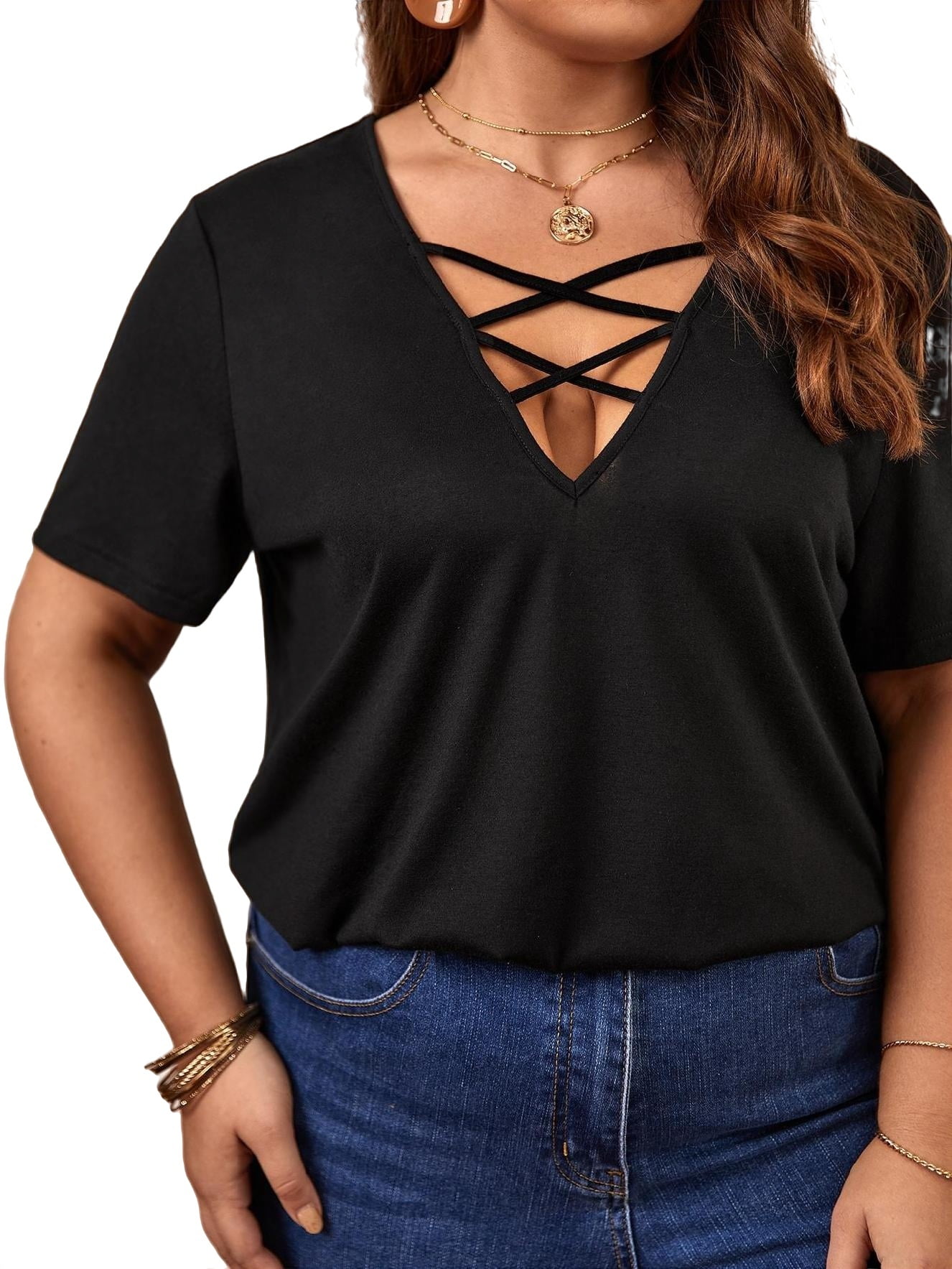 Sexy Solid Deep V Neck Short Sleeve Black Plus Size T Shirts Womens
