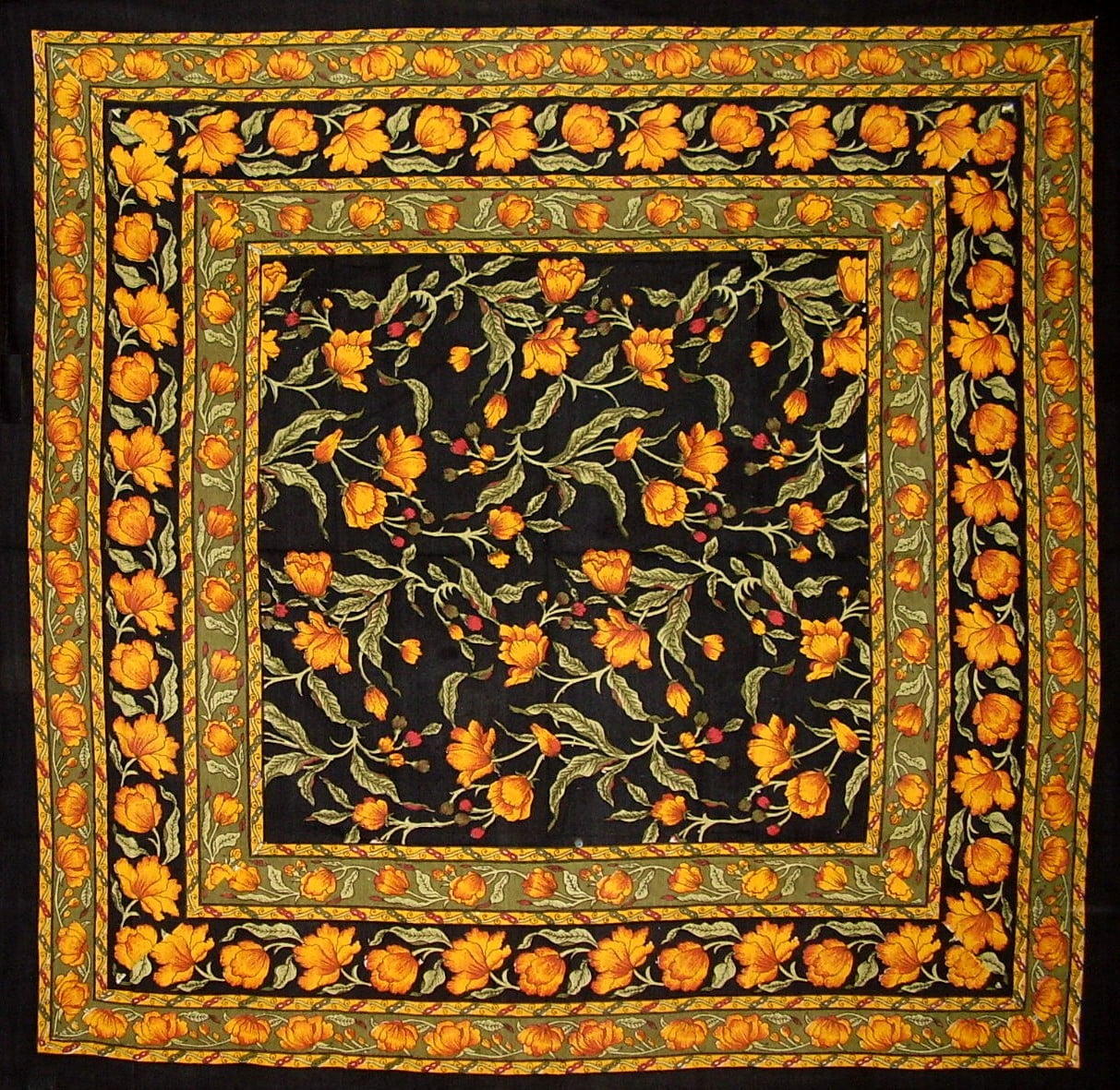 French Floral Square Cotton Tablecloth 60" x 60" Amber on Black ...