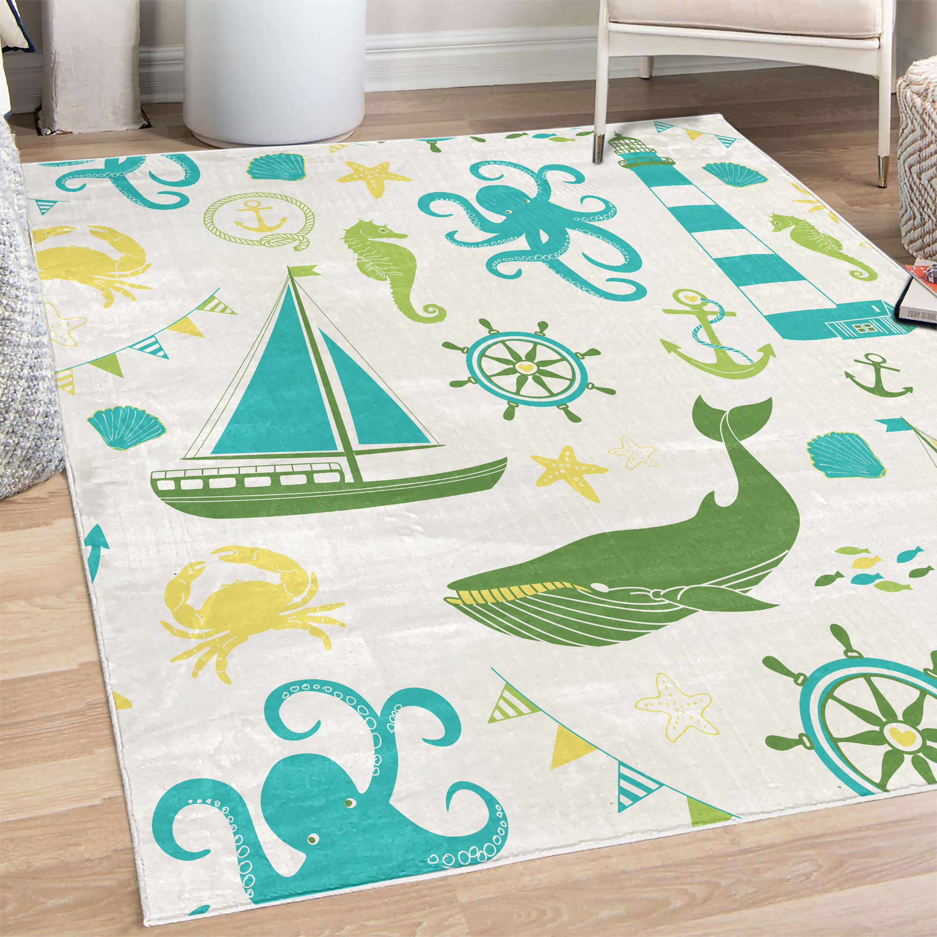 Nautical Decorative Rug, Pastel Colored Composition of Lighthouse ...