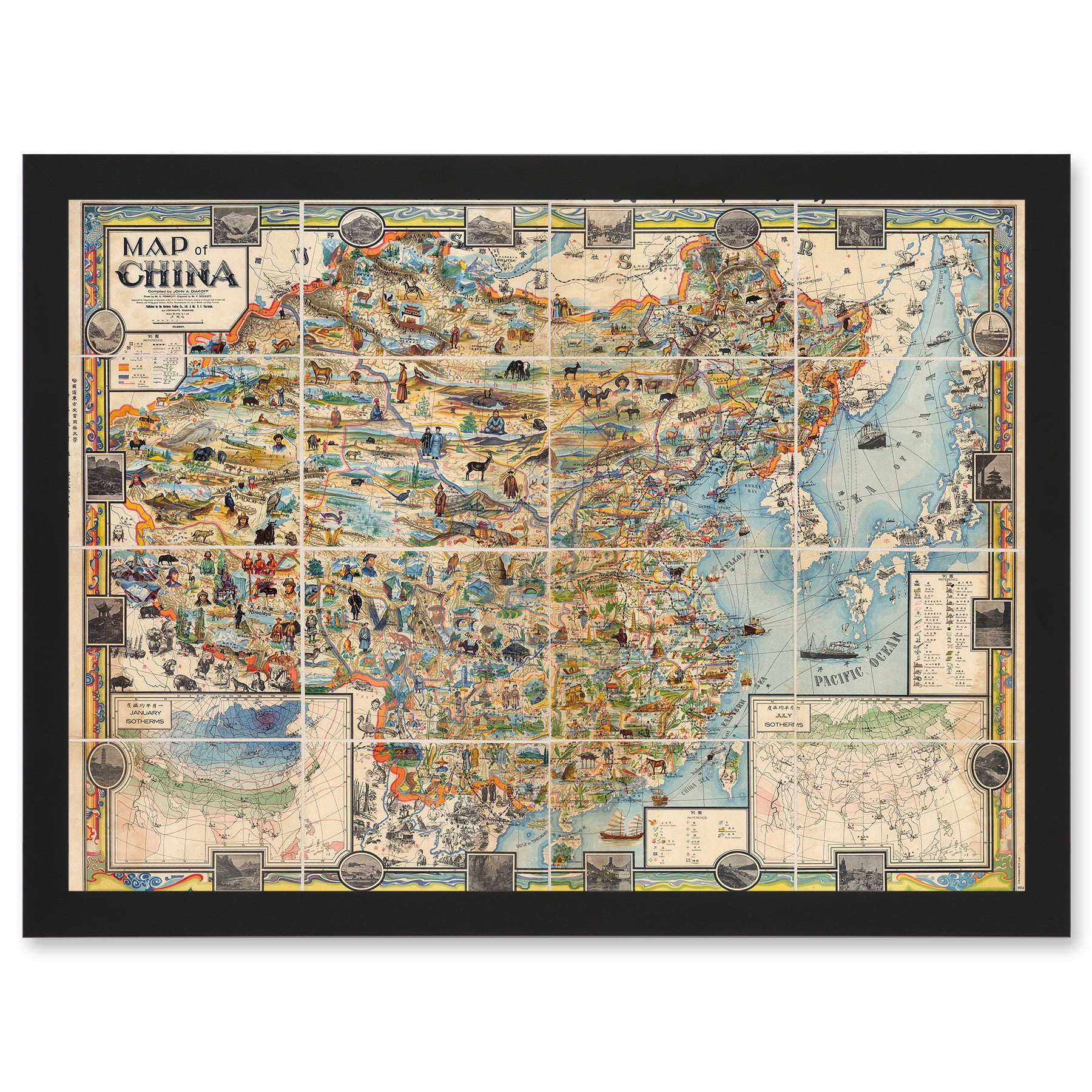 Map Diakoff 1931 China Pictorial Unfolded Artwork Framed Wall Art Print ...