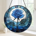 Blue Rose Moonlit Night Stained Glass Suncatcher Round Window Hanging ...