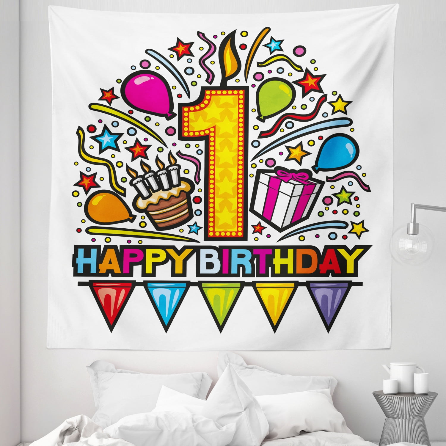 Birthday Tapestry, Cartoon Pop Art Style Celebration Theme Party with ...