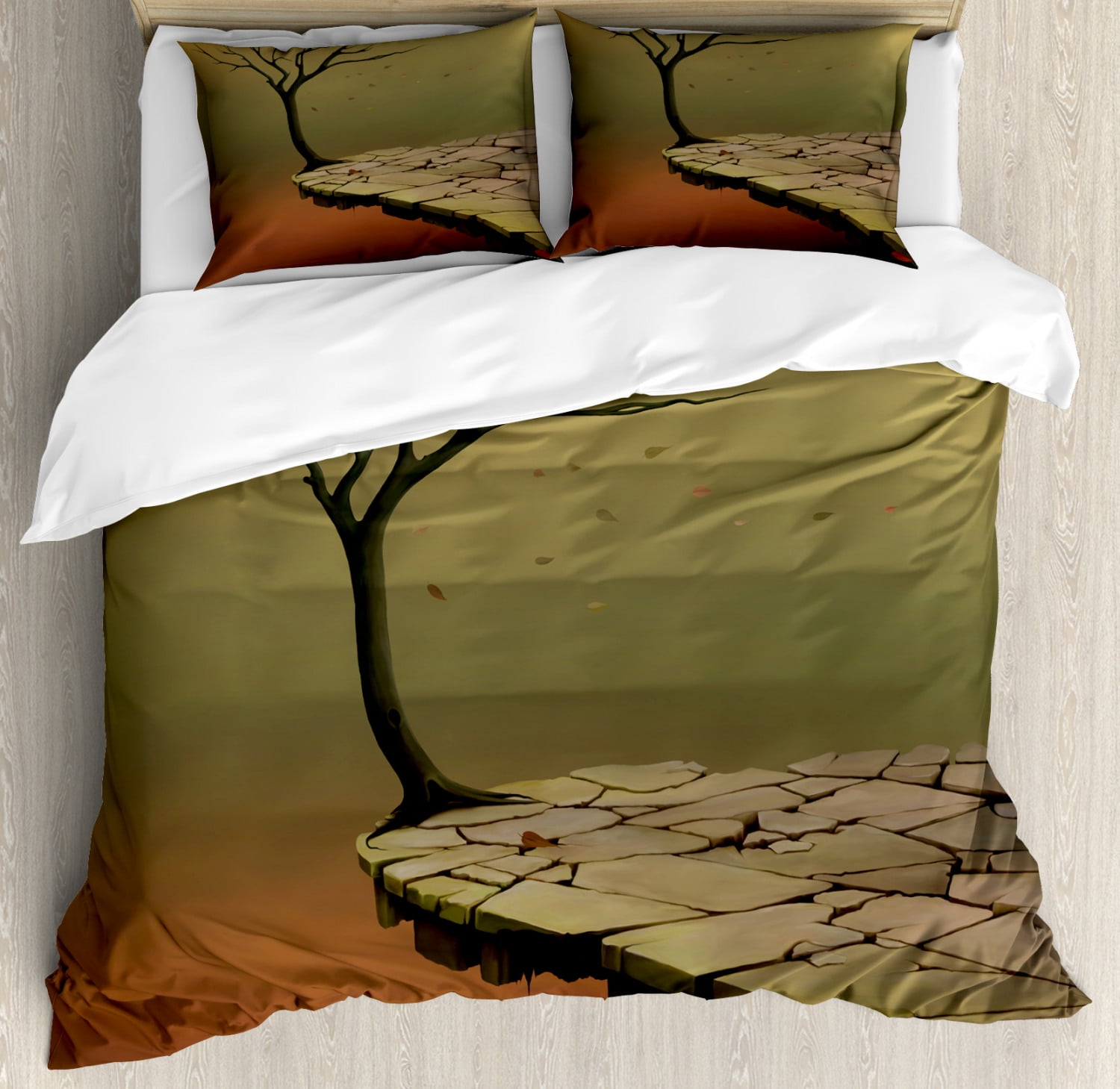 Fantasy Duvet Cover Set Queen Size, Tree over a Cliff and Flying Leaves ...