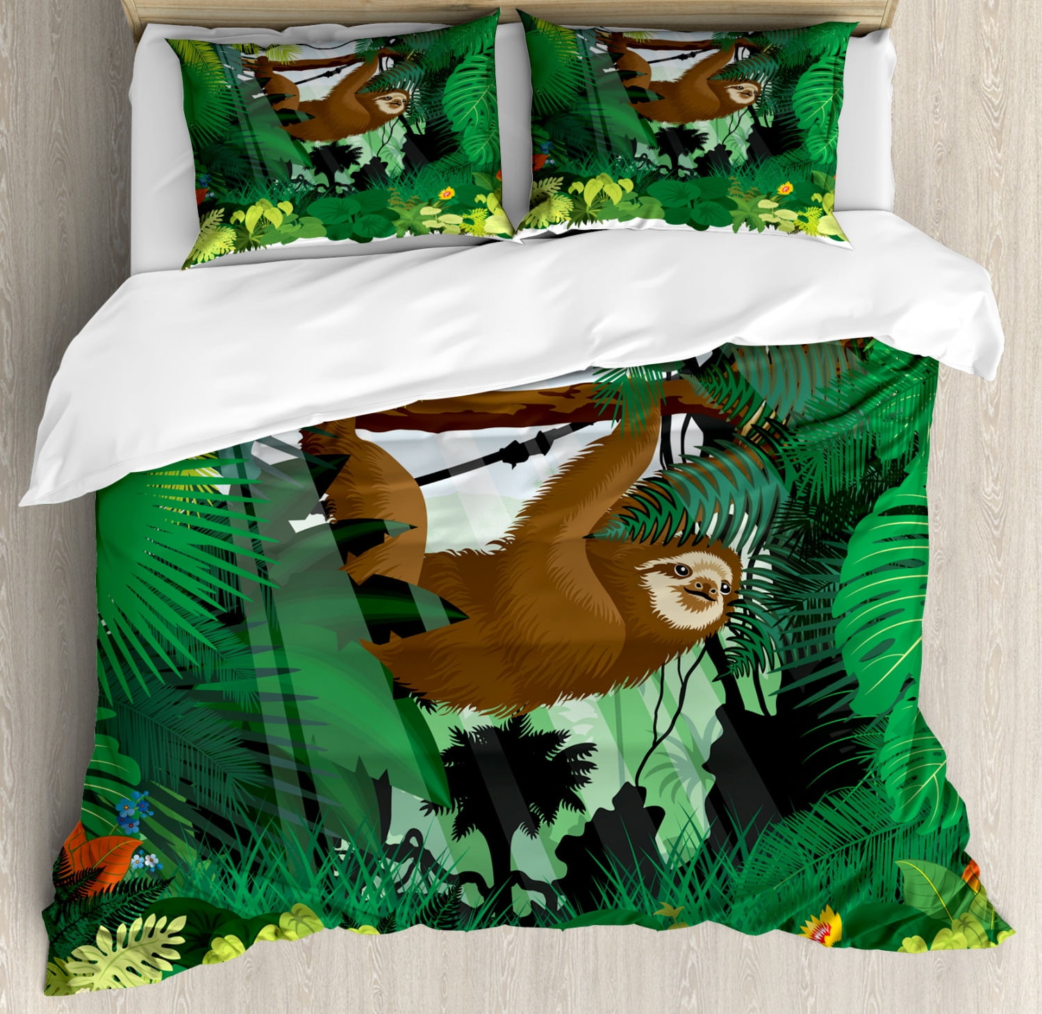 Sloth Duvet Cover Set King Size, Vibrant Exotic Rainforest with Various ...
