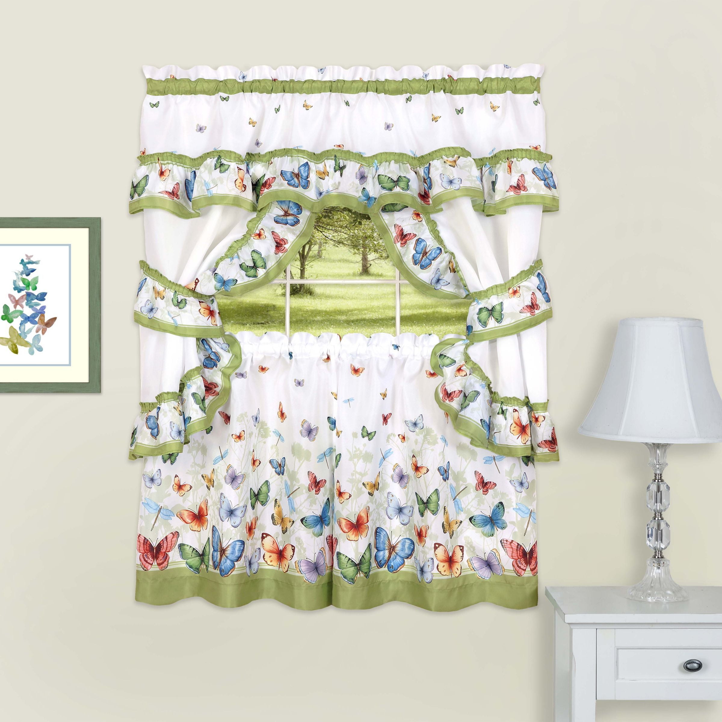 Kitchen Comfort Butterflies Printed Cottage Window Curtain Set - 57x24 ...