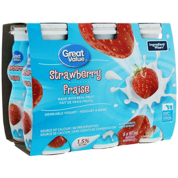Great Value Strawberry Drinkable Yogurt, 6 x 93 mL - Walmart.ca