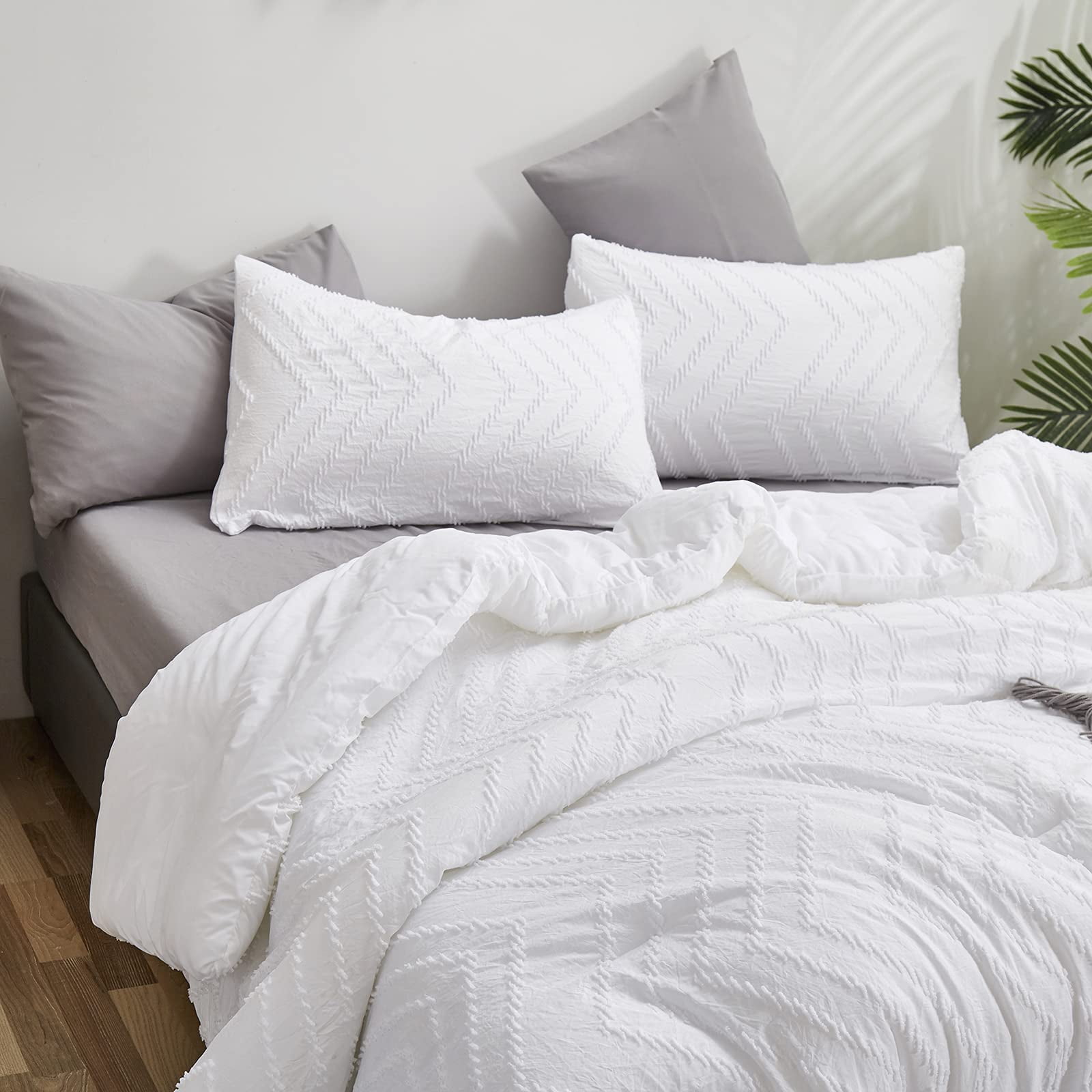 White Jacquard Comforter Set Queen Boho Chevron Tufted Bedding ...