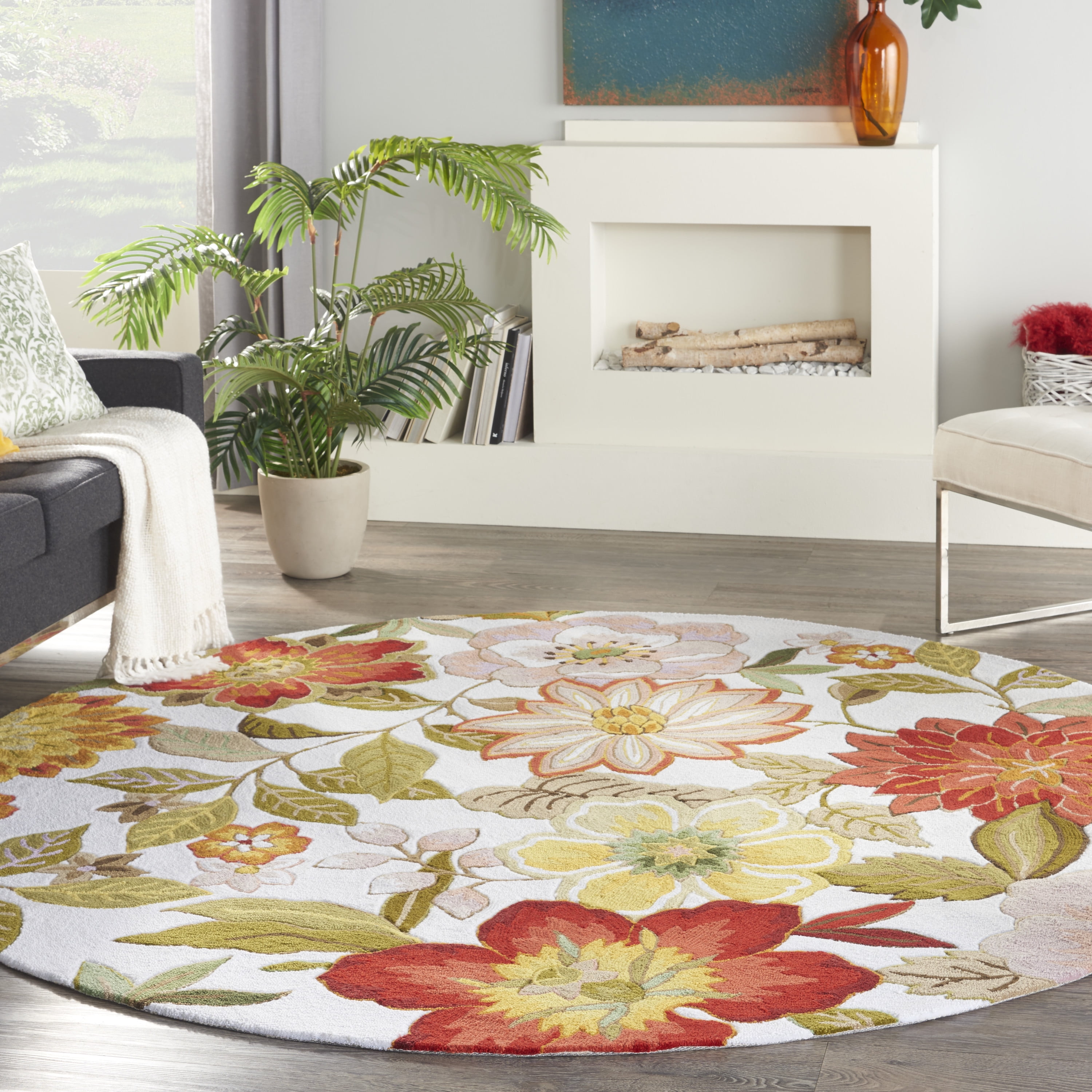 Nourison Fantasy Modern Floral Ivory 7'6" x ROUND Area Rug, (8' Round ...