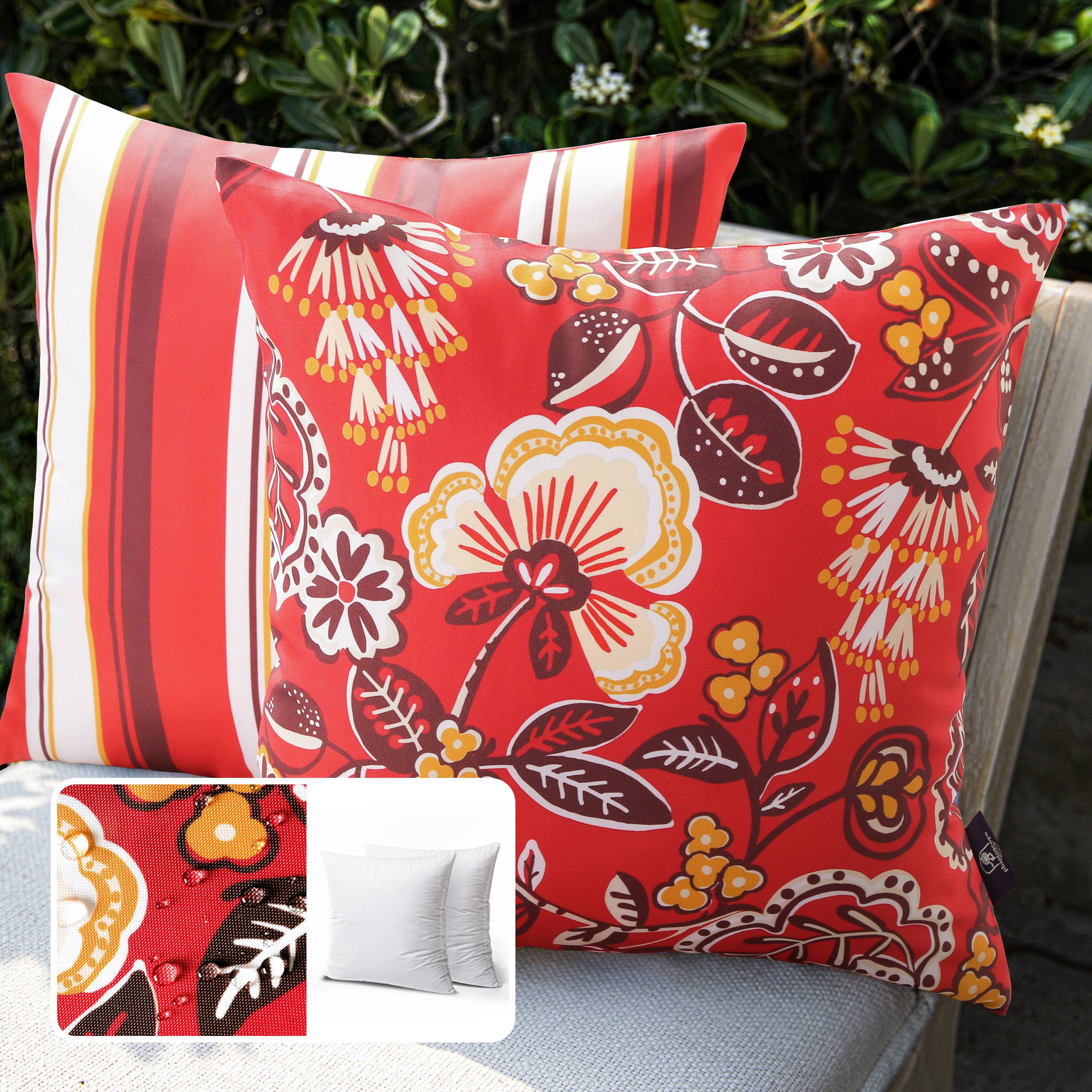 Phantoscope Outdoor Waterproof Floral Printed Decorative Throw Pillow for Patio Garden, Red ...