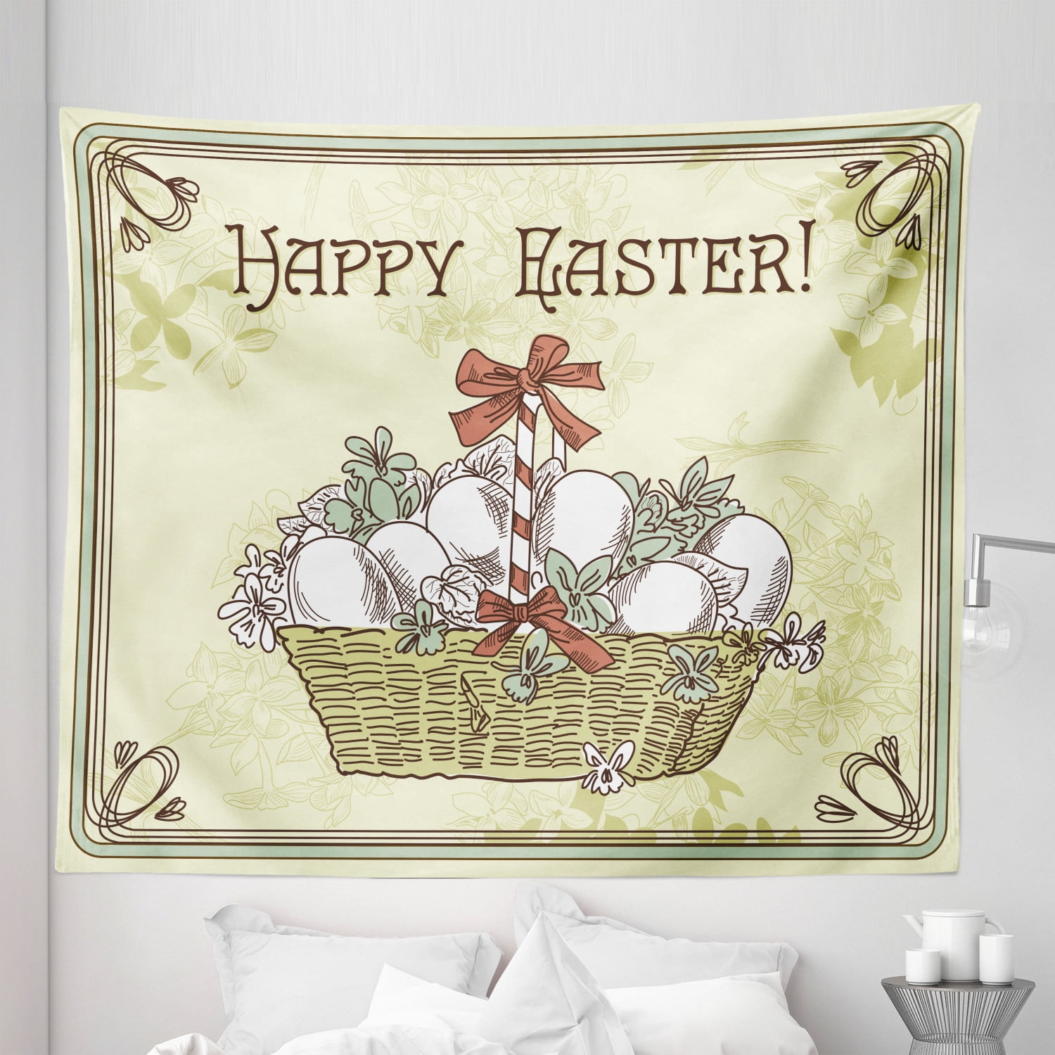 Easter Tapestry, Happy Easter Calligraphy with Ribbon Basket of Eggs ...