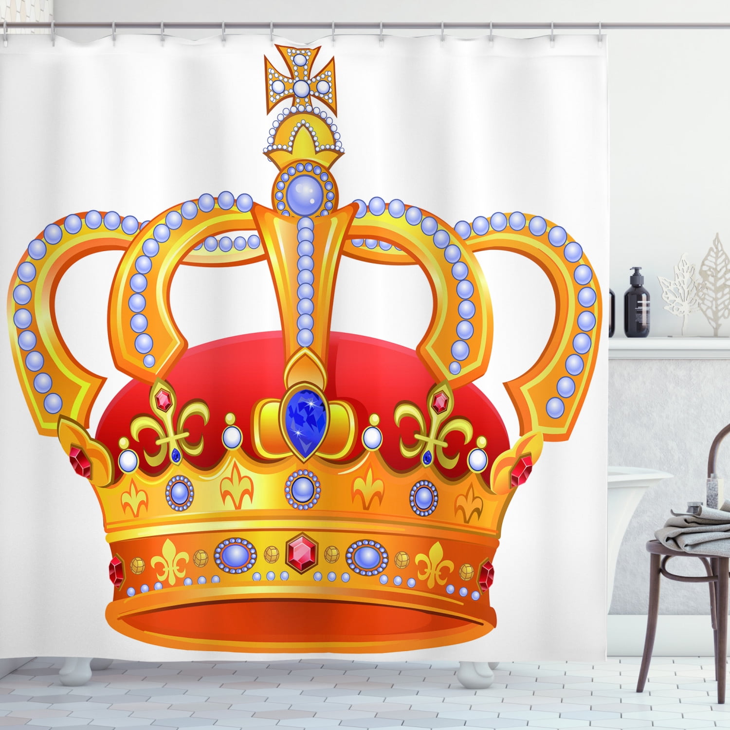 King Shower Curtain, Royal Crown with Gem Like Image Symbol of Imperial ...