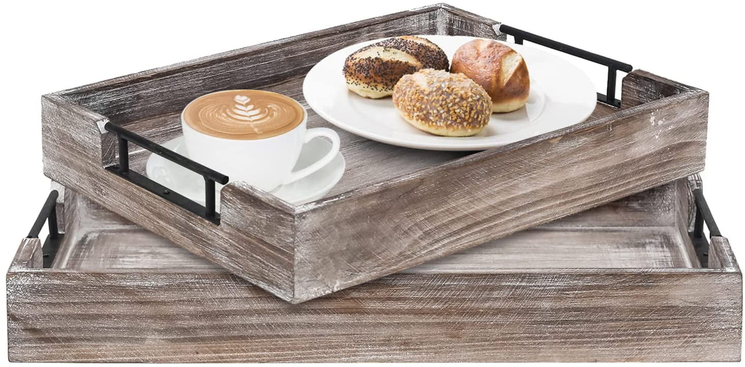 Homebeez Rustic Wood Serving Trays Set,Rectangle Wood Handled Plate ...