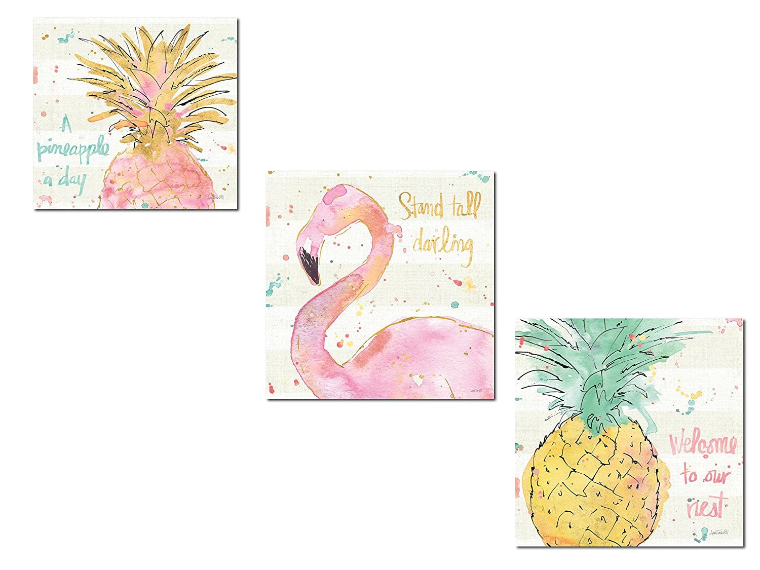 Tropical Hot Pink, Green and Gold Watercolor Flamingo and Pineapple ...