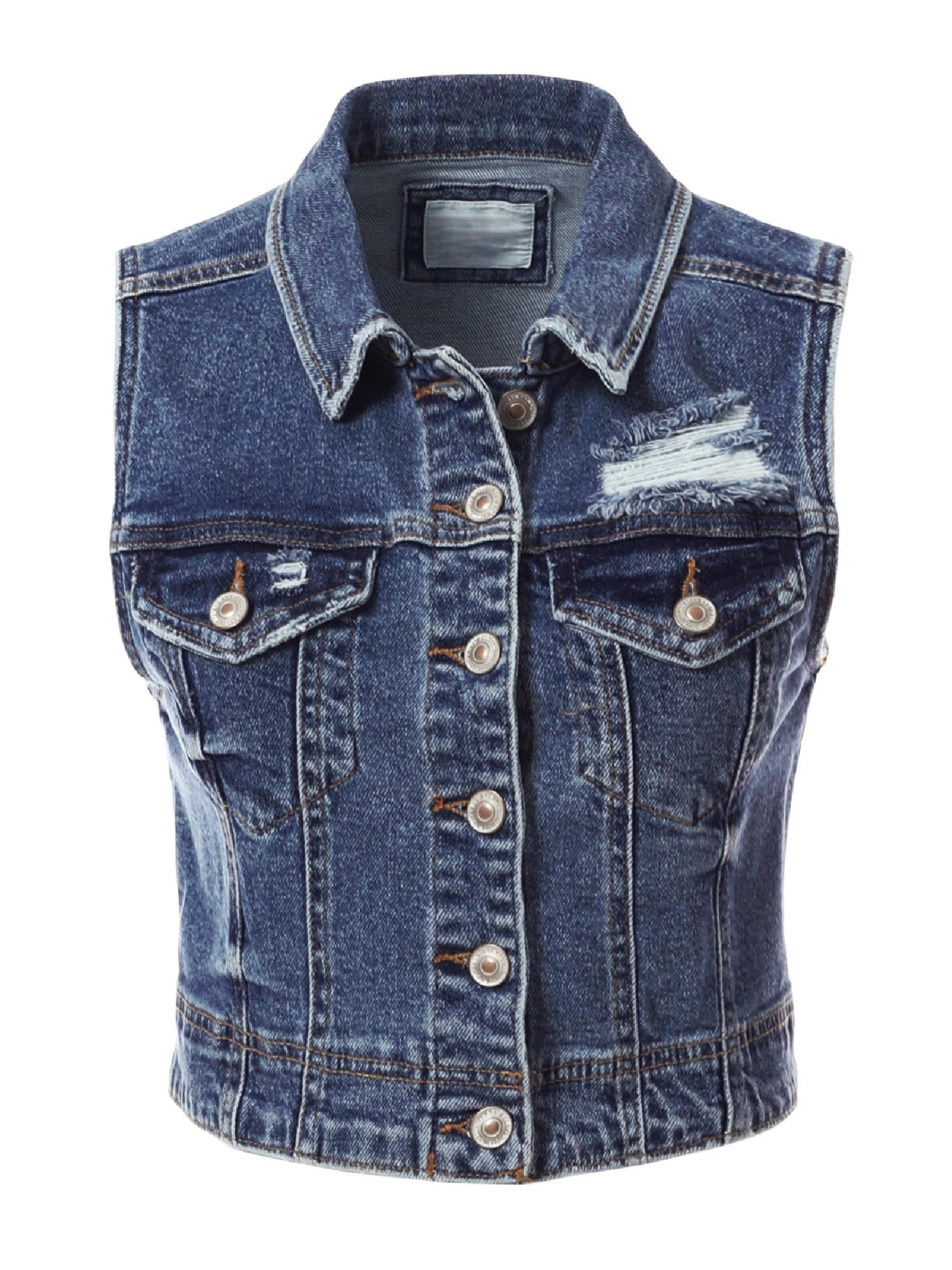 Made by Olivia Women's Destroyed Cropped Boxy Denim Vest - Walmart.com