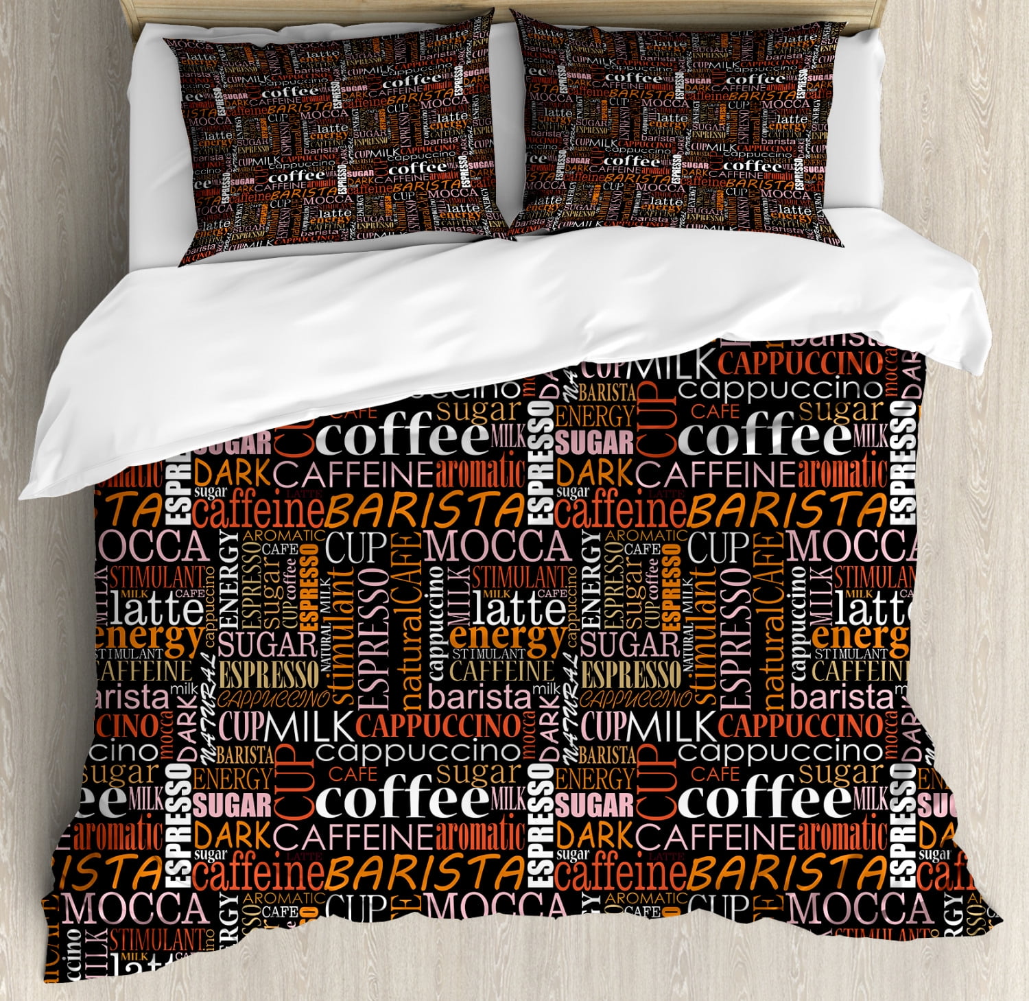 Coffee Queen Size Duvet Cover Set, Colorful Typography Collection ...