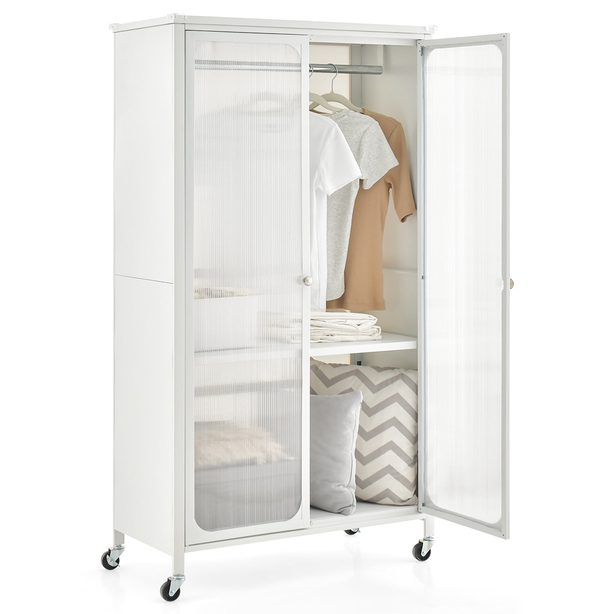Costway Storage Wardrobe Cabinet Mobile Armoire Closet with Hanging Rod ...