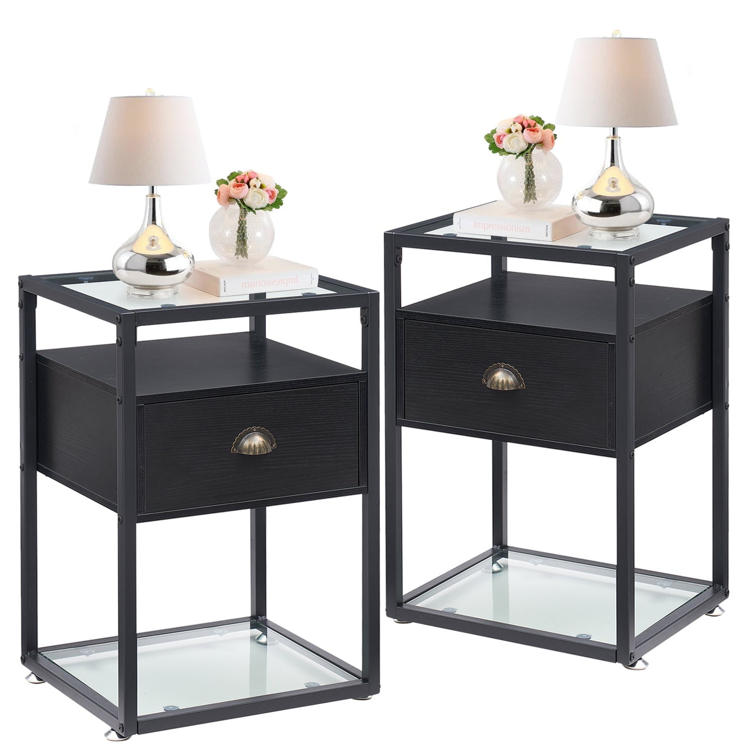 VECELO Set of 2 Tempered Glass Top Nightstand with Drawer, Industrial ...