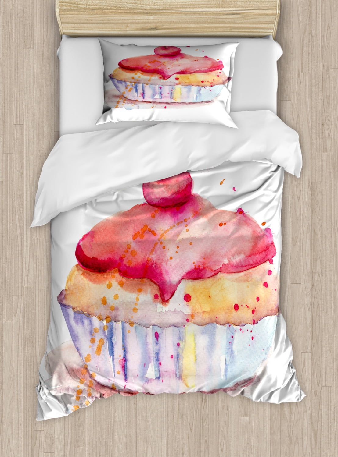 Dessert Twin Size Duvet Cover Set, Ink Splatter Watercolor Illustration ...