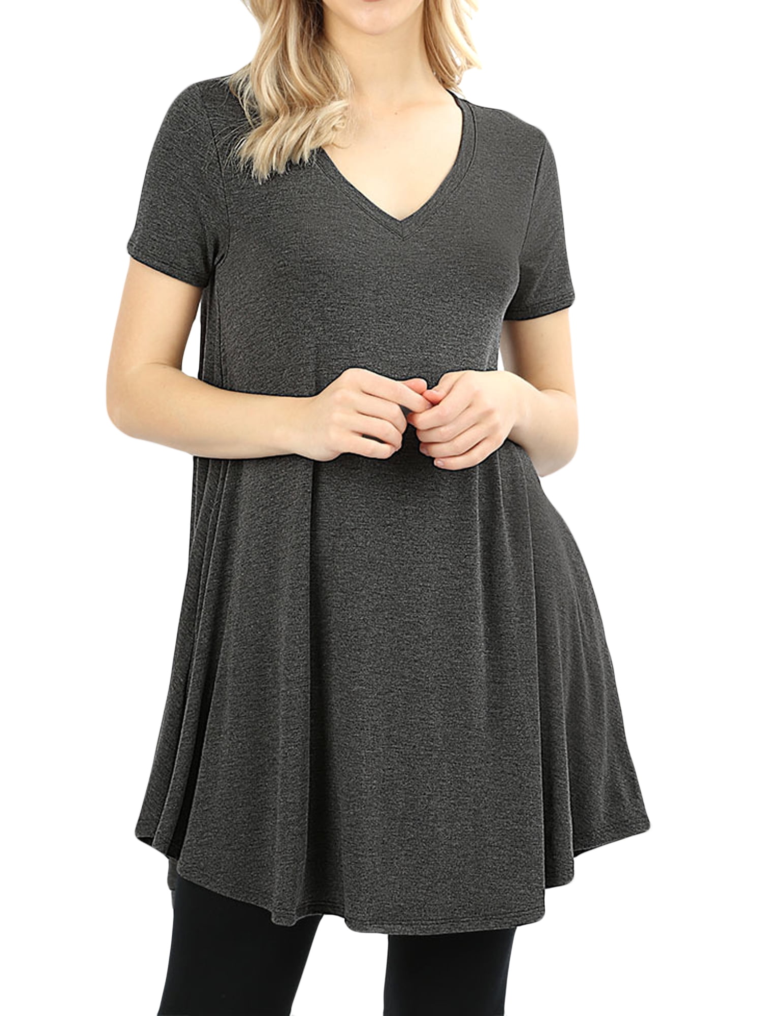 Women V-neck Short Sleeve Round Hem Flowy A-Line Tunic Top with Side ...