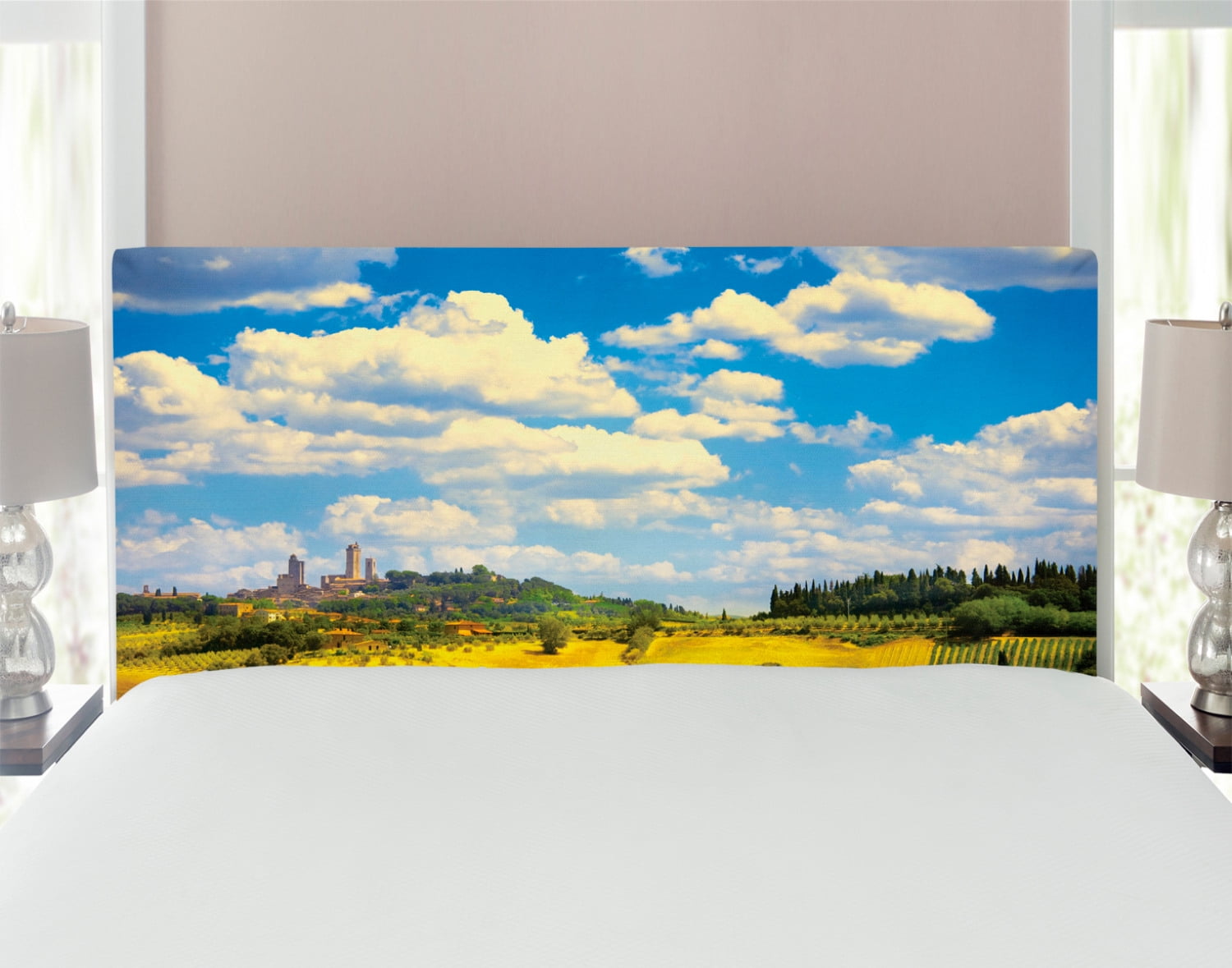 Italian Headboard, Old Italian Village Scenery with Meadows and Clouds ...