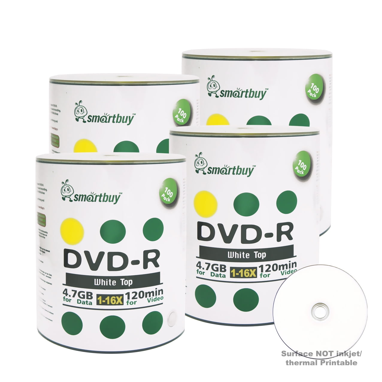 400 Pack Smartbuy 16X DVD-R 4.7GB 120Min White Top (Non-Printable) Data ...