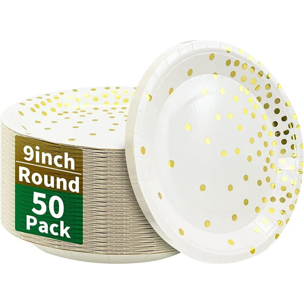 50 Pack 9 Inch Paper Plates, 50 White Gold Disposable Paper Plates ...