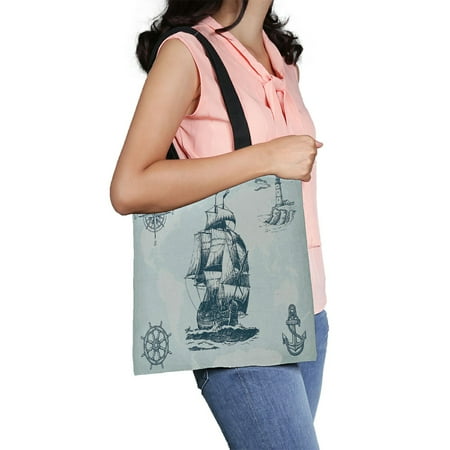 HATIART Vintage Sailing Ship Lighthouse Ship Wheel Anchor World Map Canvas Bag Reusable Tote ...