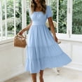 BONIXOOM Womens Dress Casual Square Neck Puff Sleeve Tiered Midi Dress ...