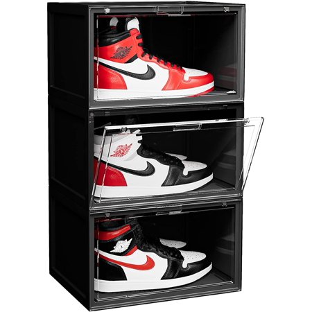 Shoe Boxes Clear Plastic Stackable 3 Pack Sneakers Storage Black ...