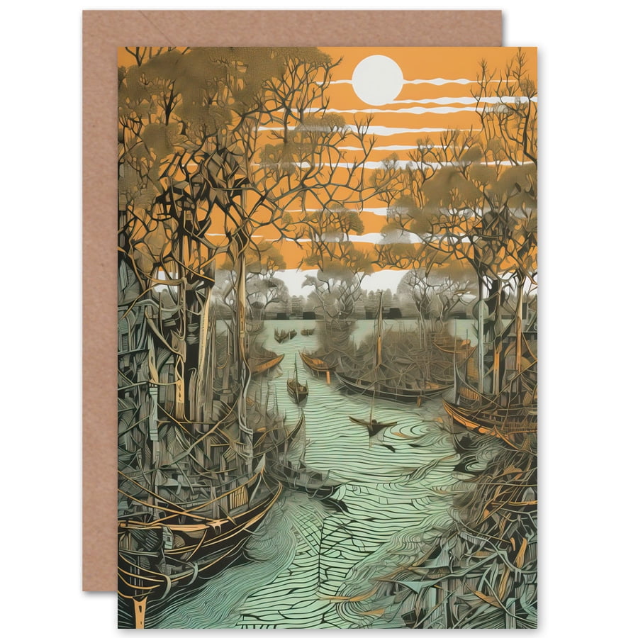 Mangrove Forest Swamp Coastal Landscape Linocut Travel Birthday ...