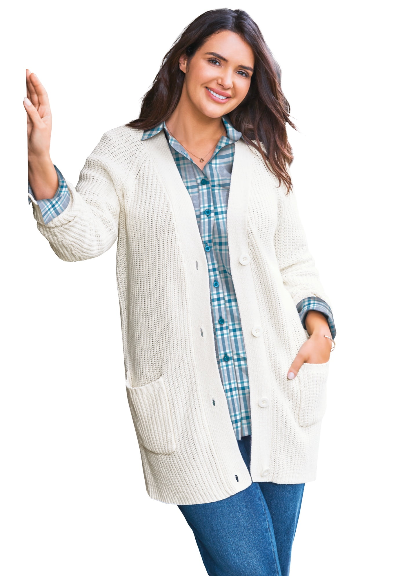 Woman Within Womens Plus Size Long Sleeve Shaker Cardigan Sweater 1x Ivory White