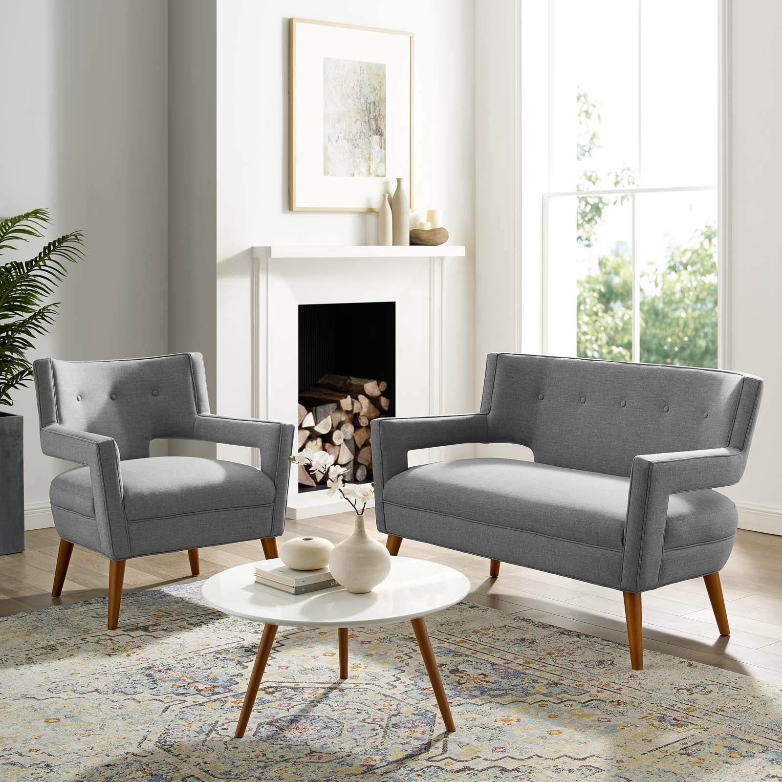 Armchair and Loveseat Sofa Set, Fabric, Light Grey Gray, Modern ...