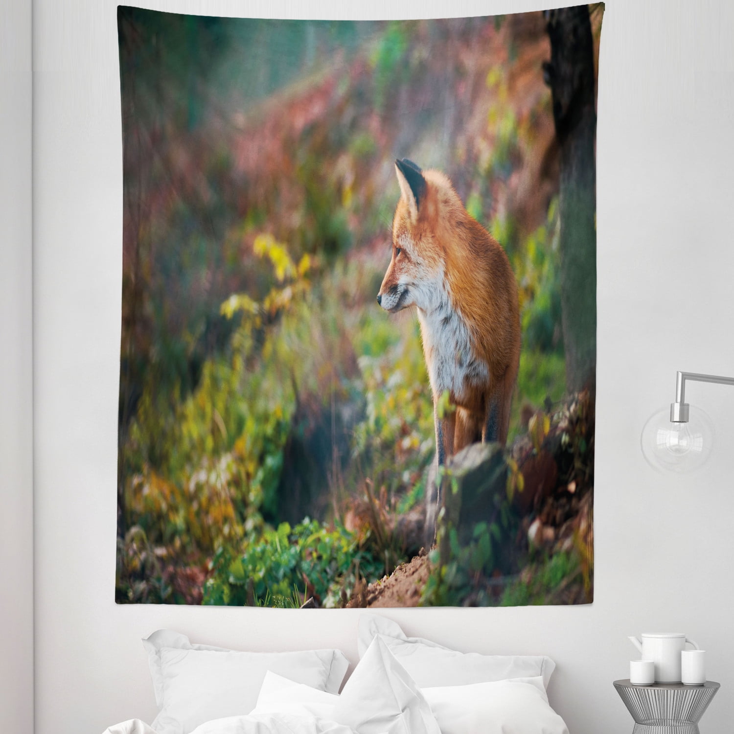 Fox Tapestry, Young Red Fox Listening to Something in Woodland Forest ...
