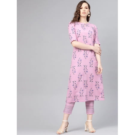 Anekha Women's Light Pink Cotton Floral Print Kurta with Pant | Walmart ...