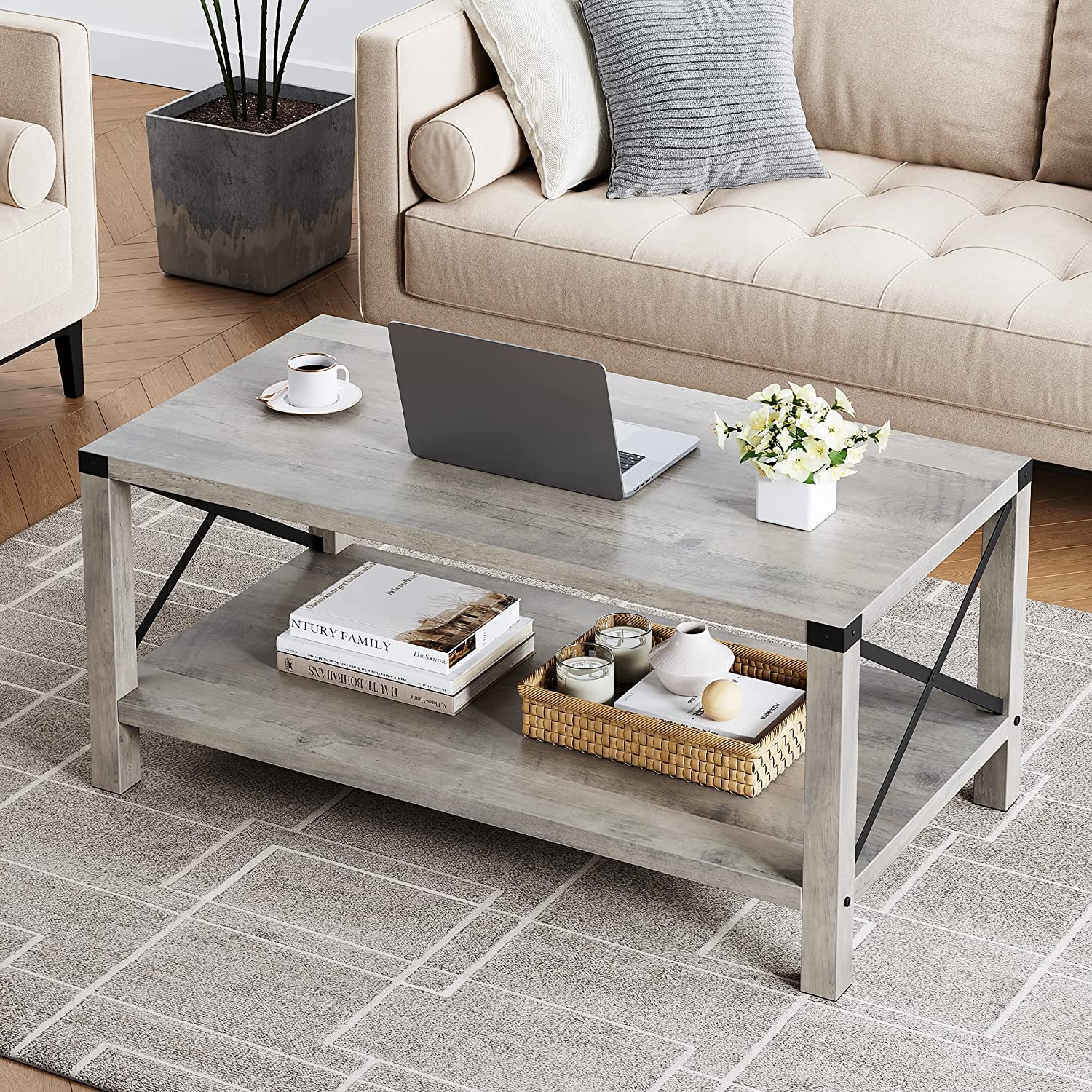 GUAIPOU Farmhouse Coffee Table 2-Tier Wood Center Table Living Room ...