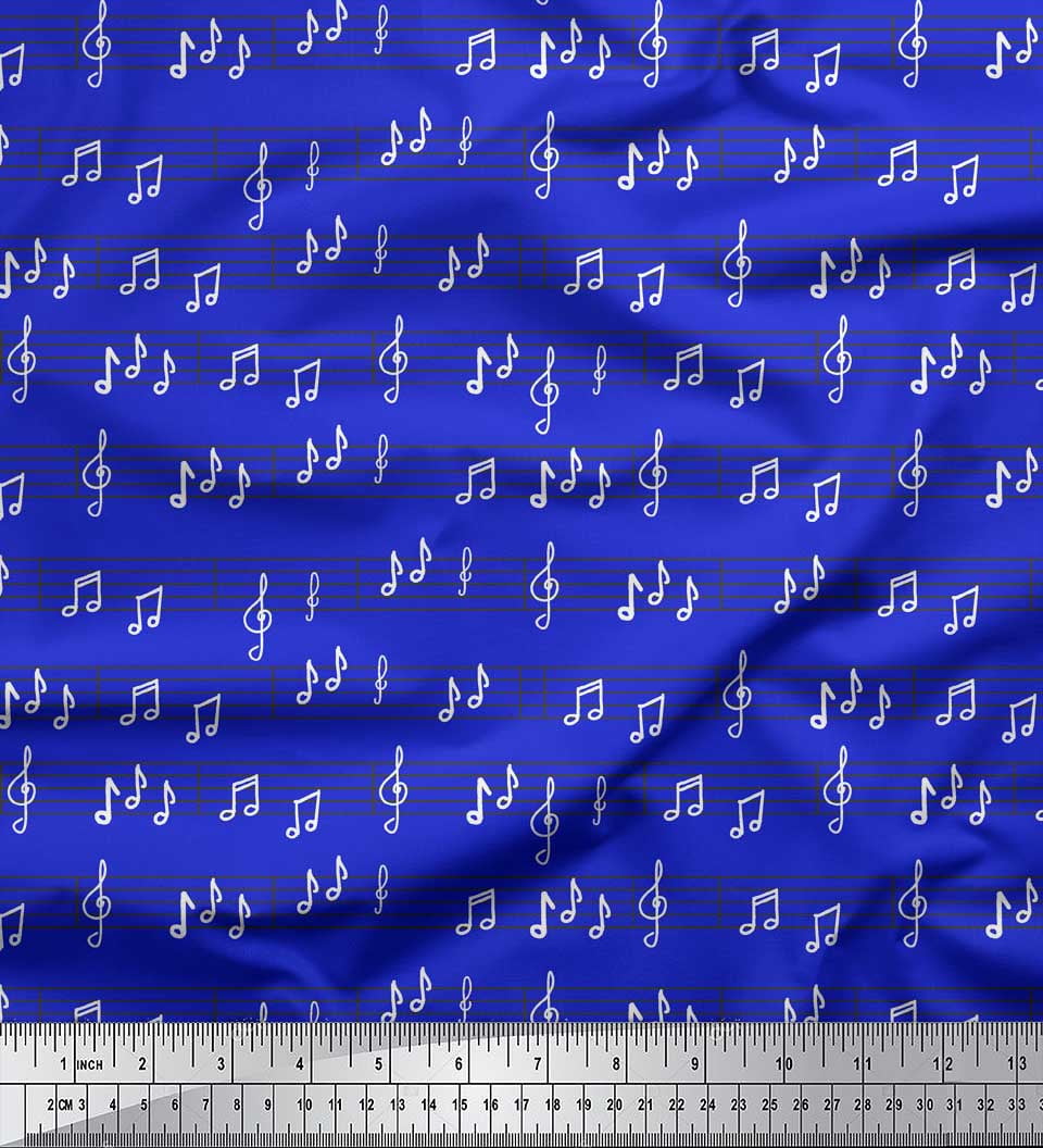 Soimoi Blue Velvet Fabric Notes Musical Instrument Print Fabric by the ...