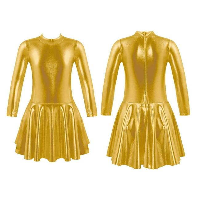 YONGHS Kids Girls Shinny Metallic Ice Skating Dress Long Sleeve Leotard ...